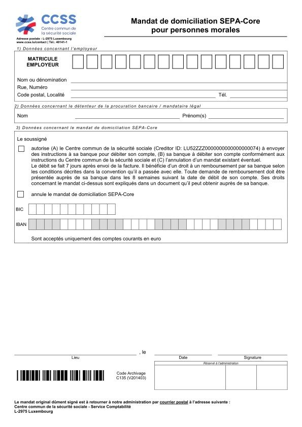 SEPA-Core direct debit mandate for legal persons - CCSS (Centre commun ...